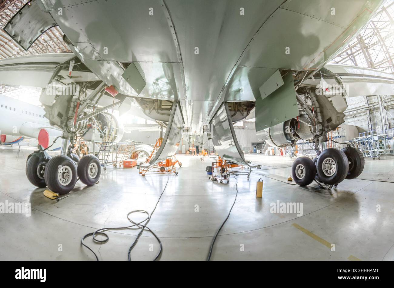 View from under the aircraft between the chassis racks of wheels in the ...