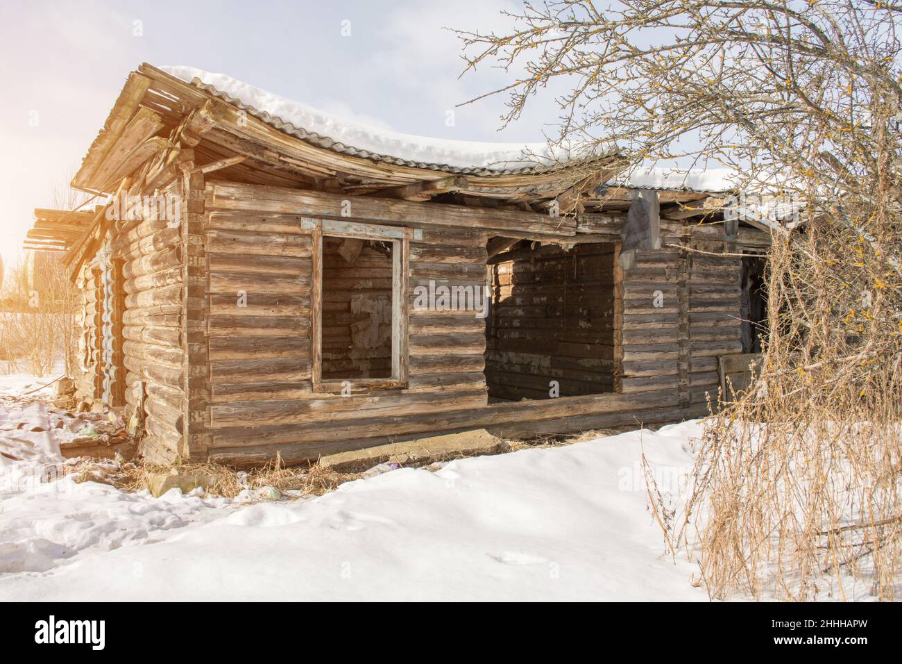 Old ruined wooden house without windows and doors, ruined roof Stock ...