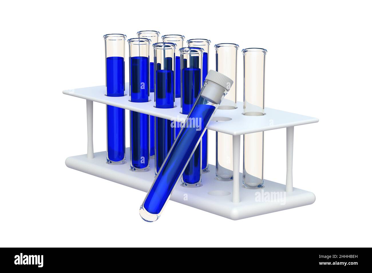 Test tubes with liquid in holder isolated on white background. 3d ...
