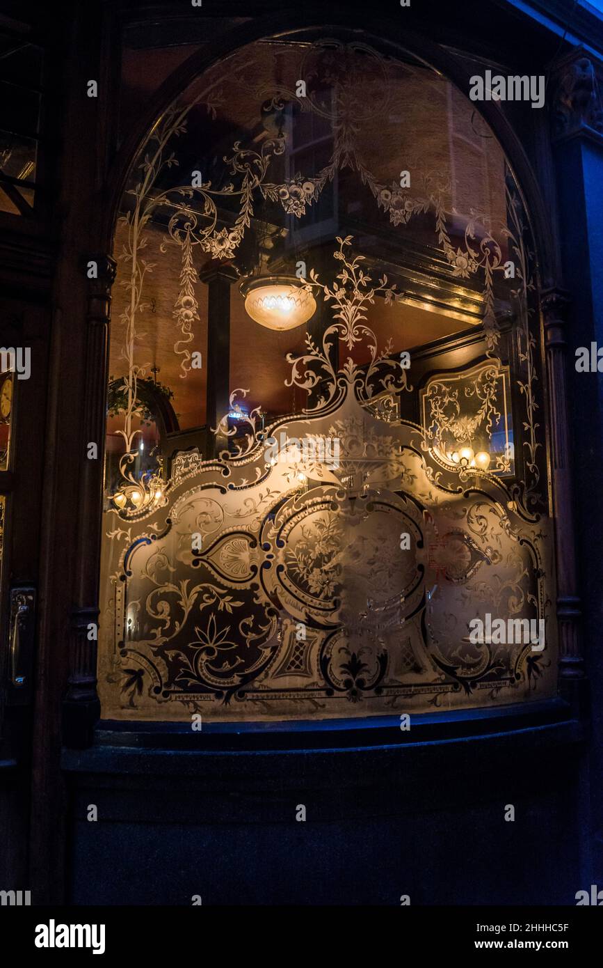 Old pub window of the Green King pub in Camden Passage, a lively ...