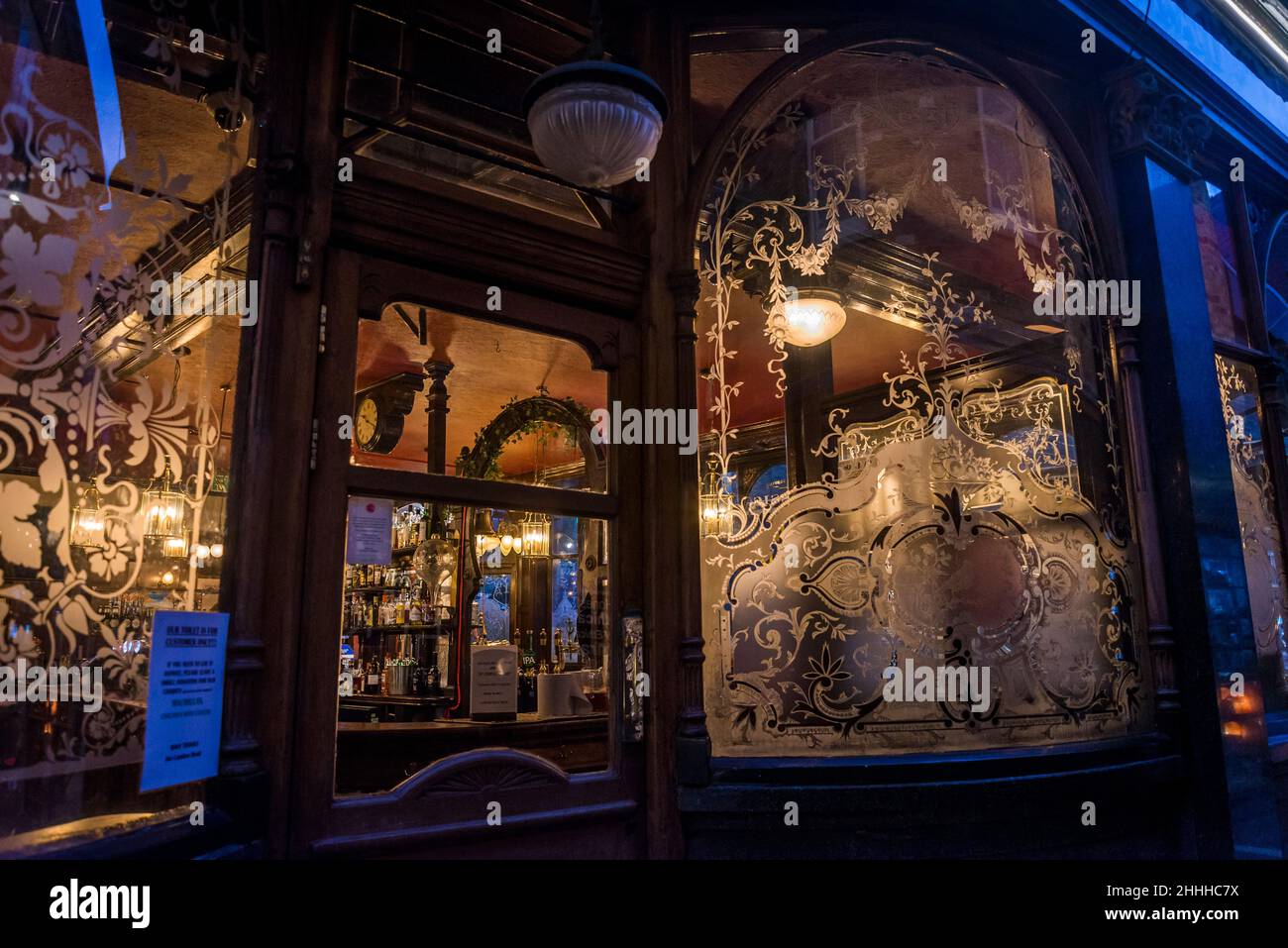 Old pub window of the Green King pub in Camden Passage, a lively ...