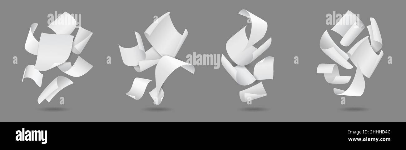 Falling paper. Realistic flying sheets chaotic compositions. Curled ...
