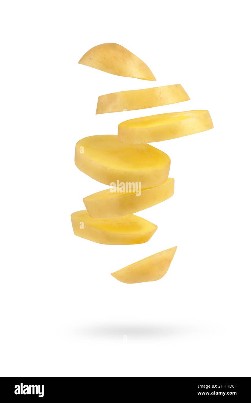 Fresh unpeeled potatoes, isolated on white. Big set flying potatoes on ...