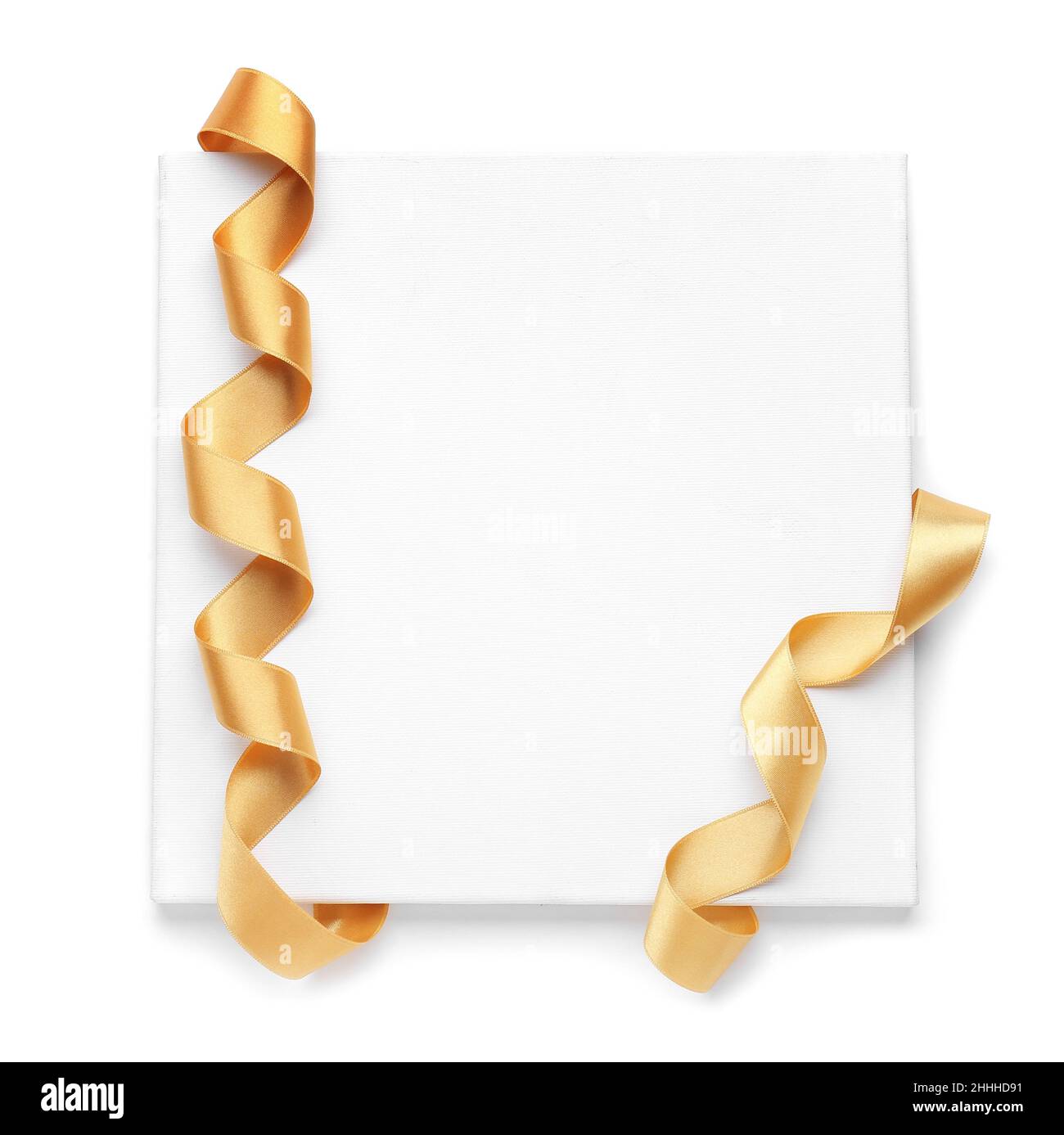 Blank board with golden ribbons on white background Stock Photo - Alamy