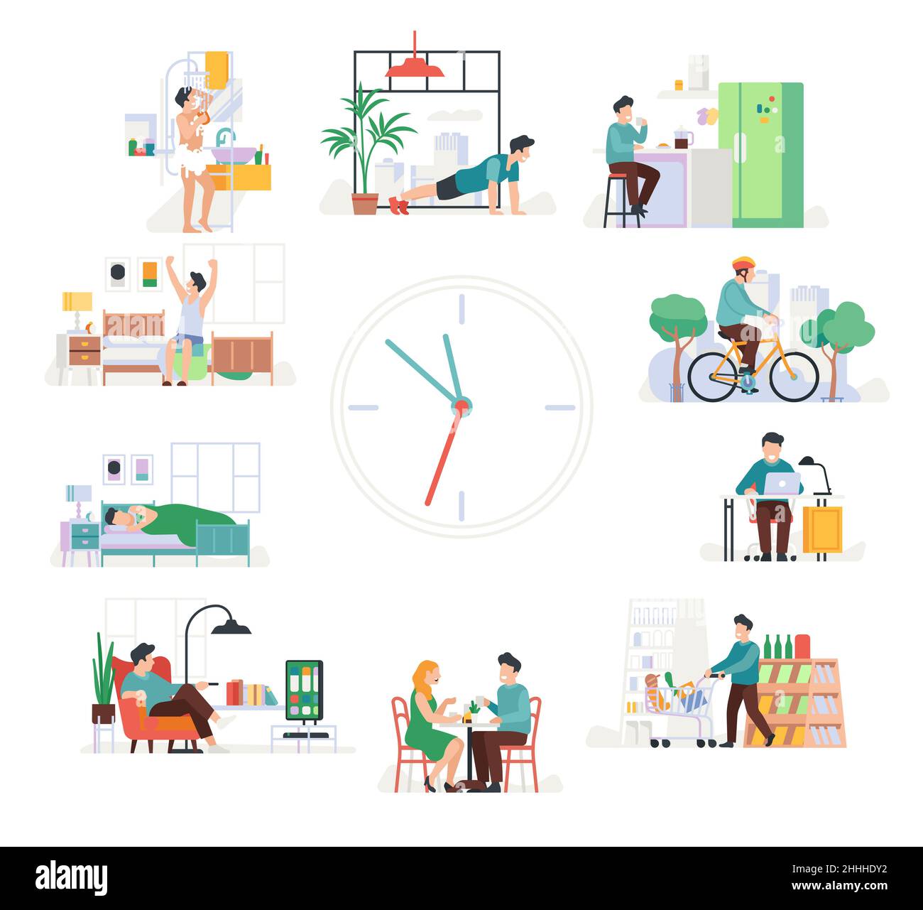 Male daily routine time. Scenes from life guy around large dial ...