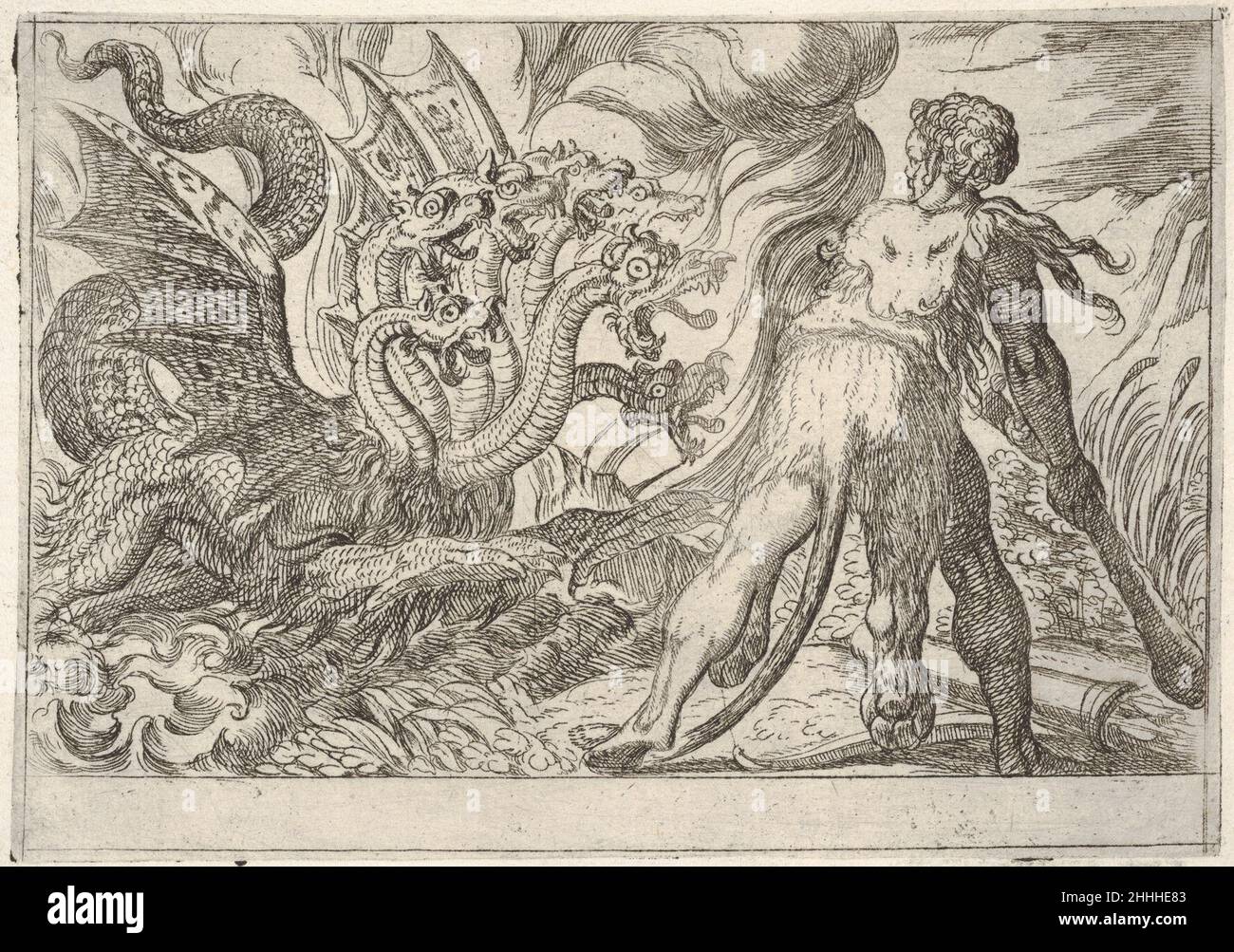 Hercules and the Hydra of Lerna: Hercules grasps his club with both ...