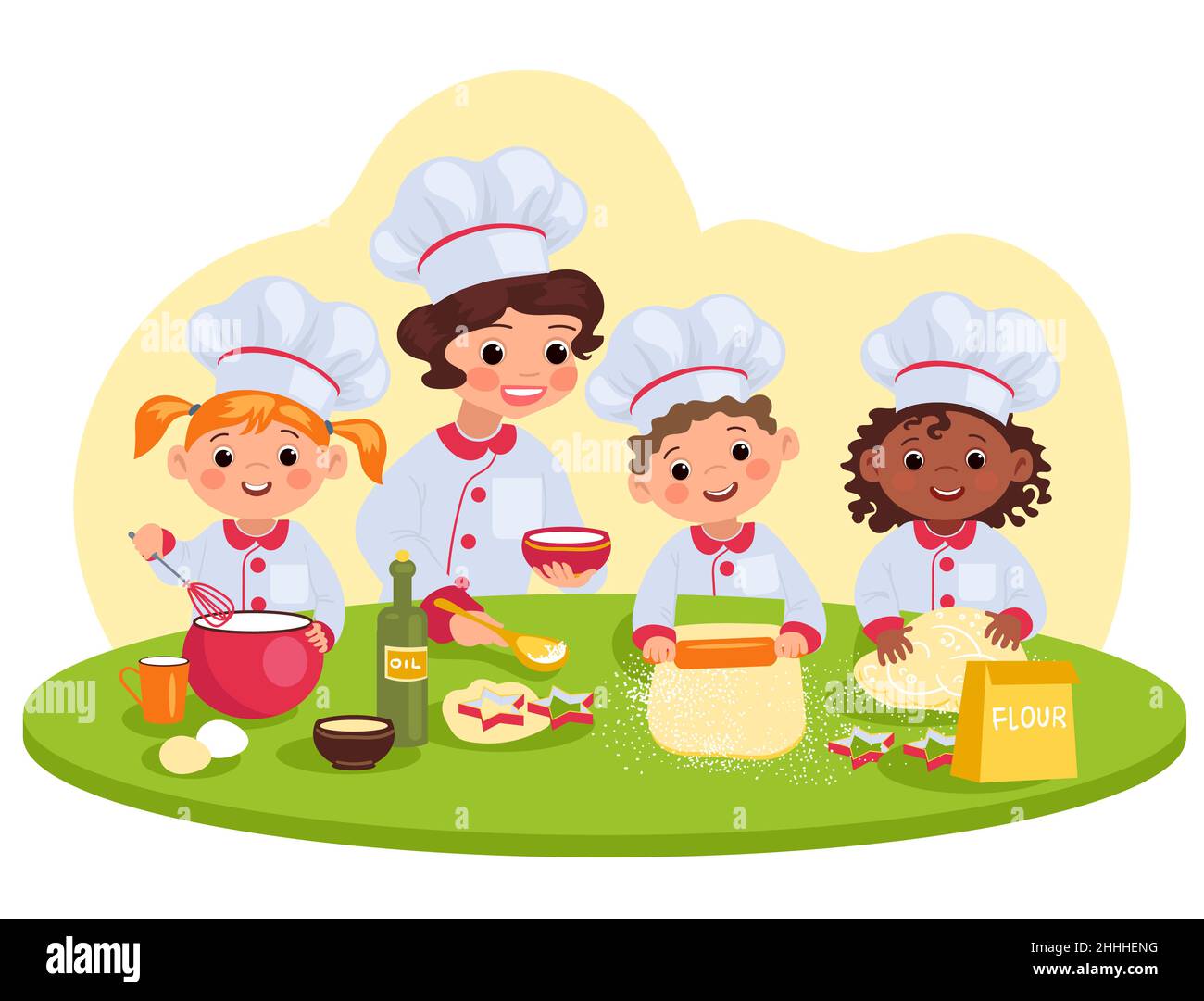 Kids learn cooking. Mom teaches children bake cookies. Family joint ...