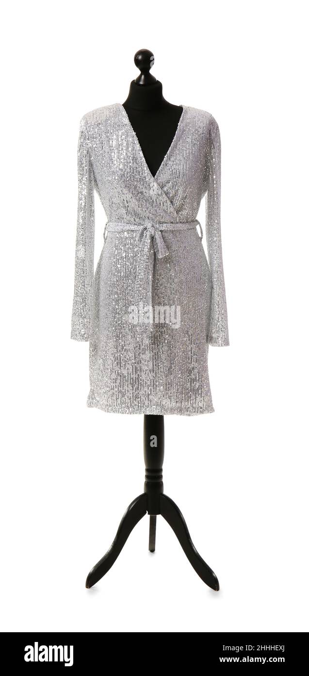 Mannequin with elegant silver dress on white background Stock Photo - Alamy