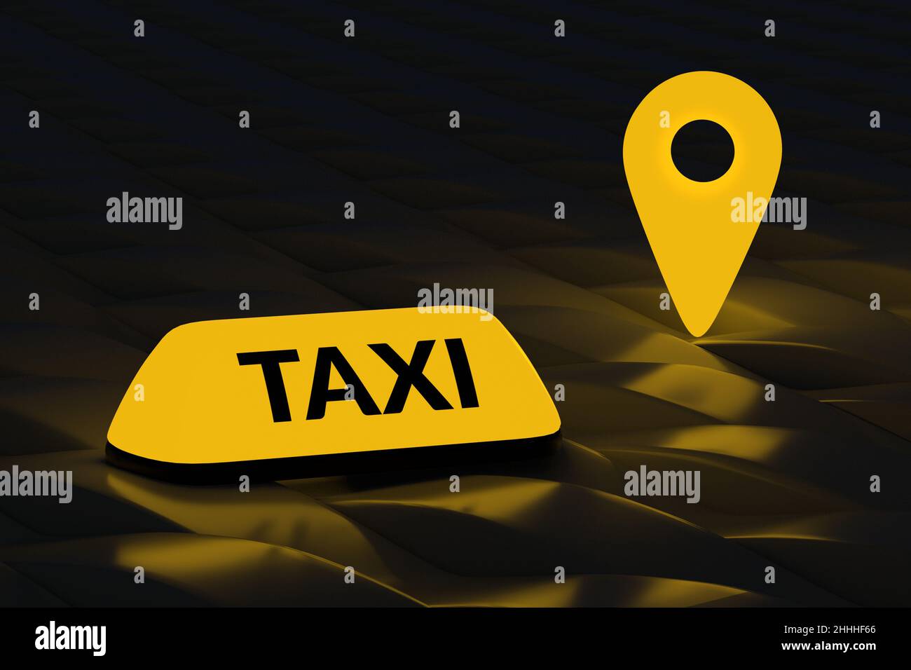 Glowing taxi sign near gps symbol on dark background. Taxi station ...