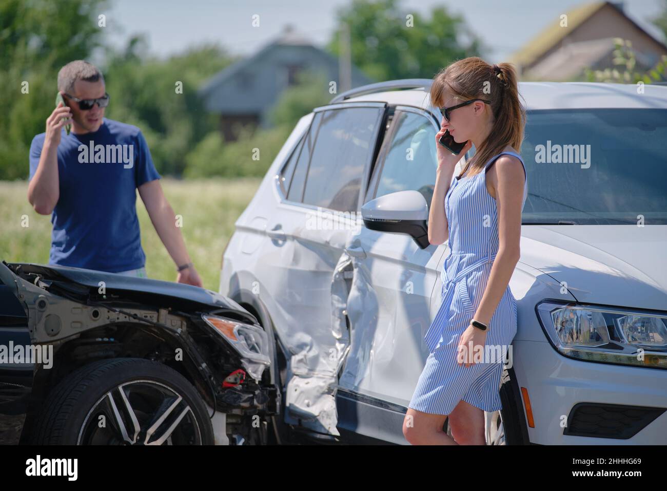 Two drivers talking on mobile phone while calling for help to rescue ...