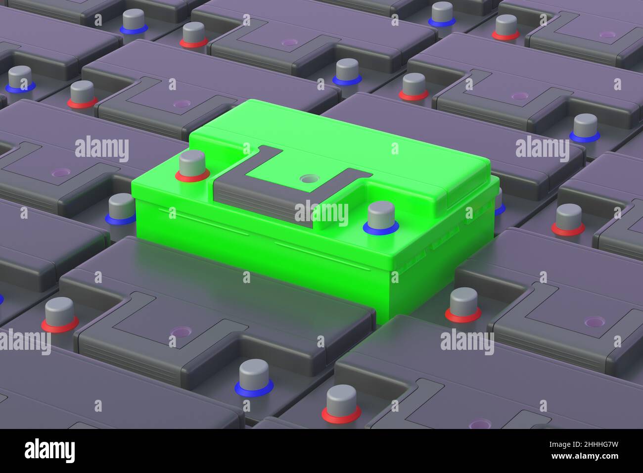 Rows of 12 V auto batteries and one of green color. Clean energy ...