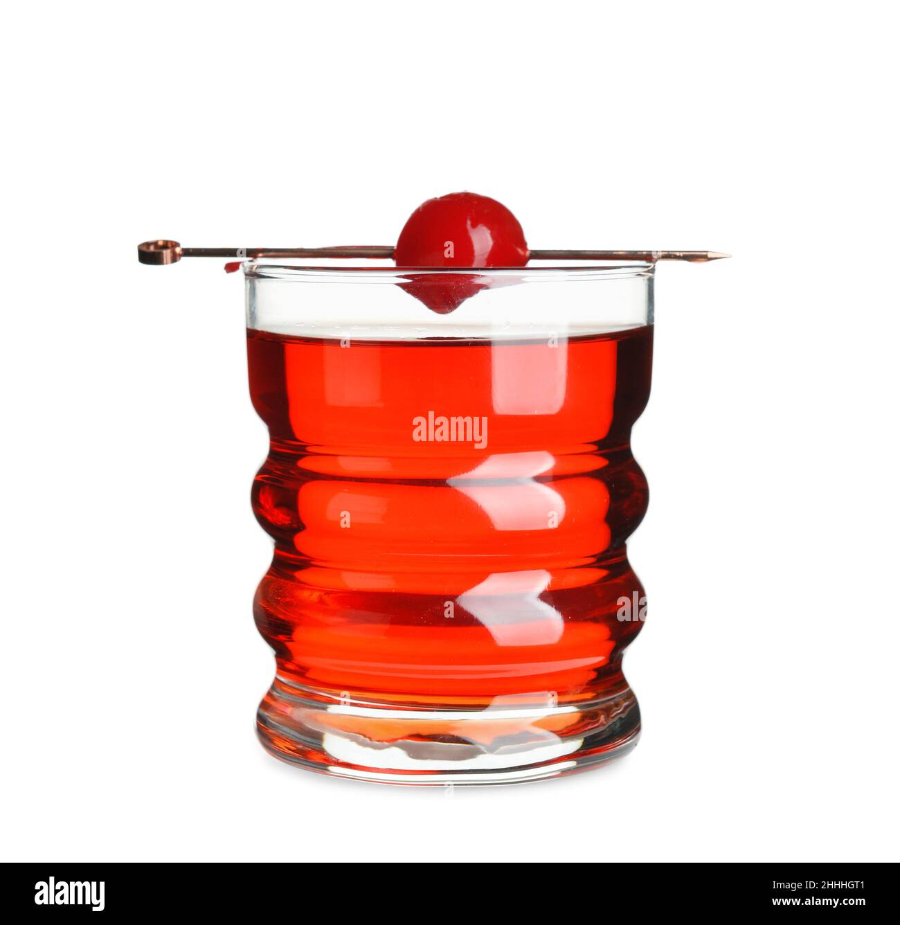Glass of Manhattan cocktail with cherry on white background Stock Photo ...