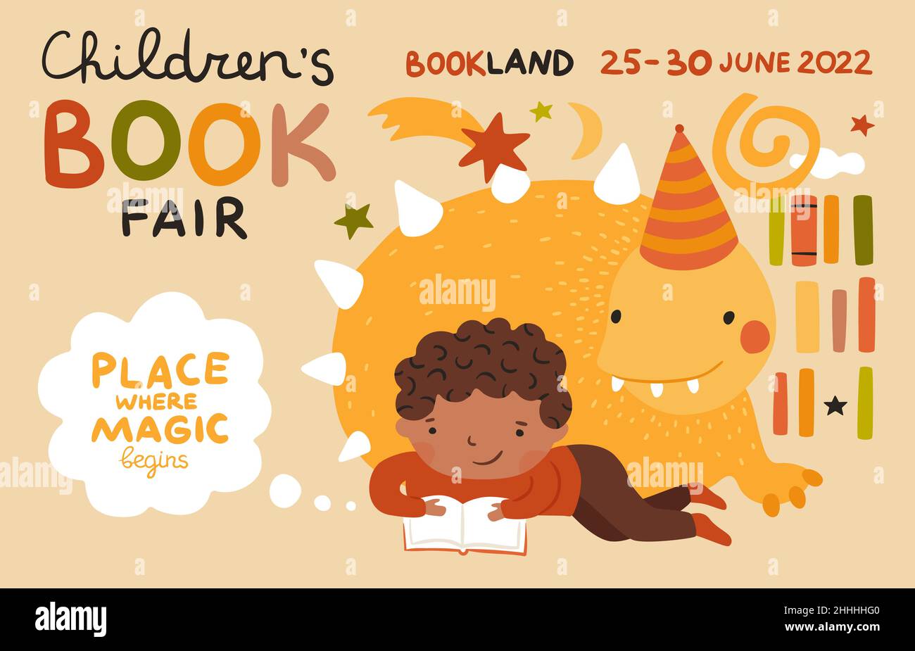 Children books world. Little boy reads fairy tales with imaginary ...