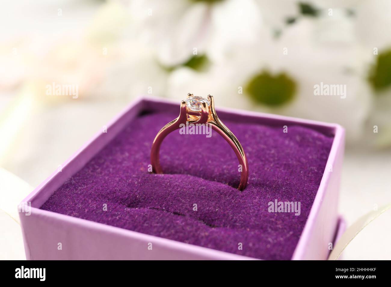 Box with beautiful golden engagement ring, closeup Stock Photo - Alamy