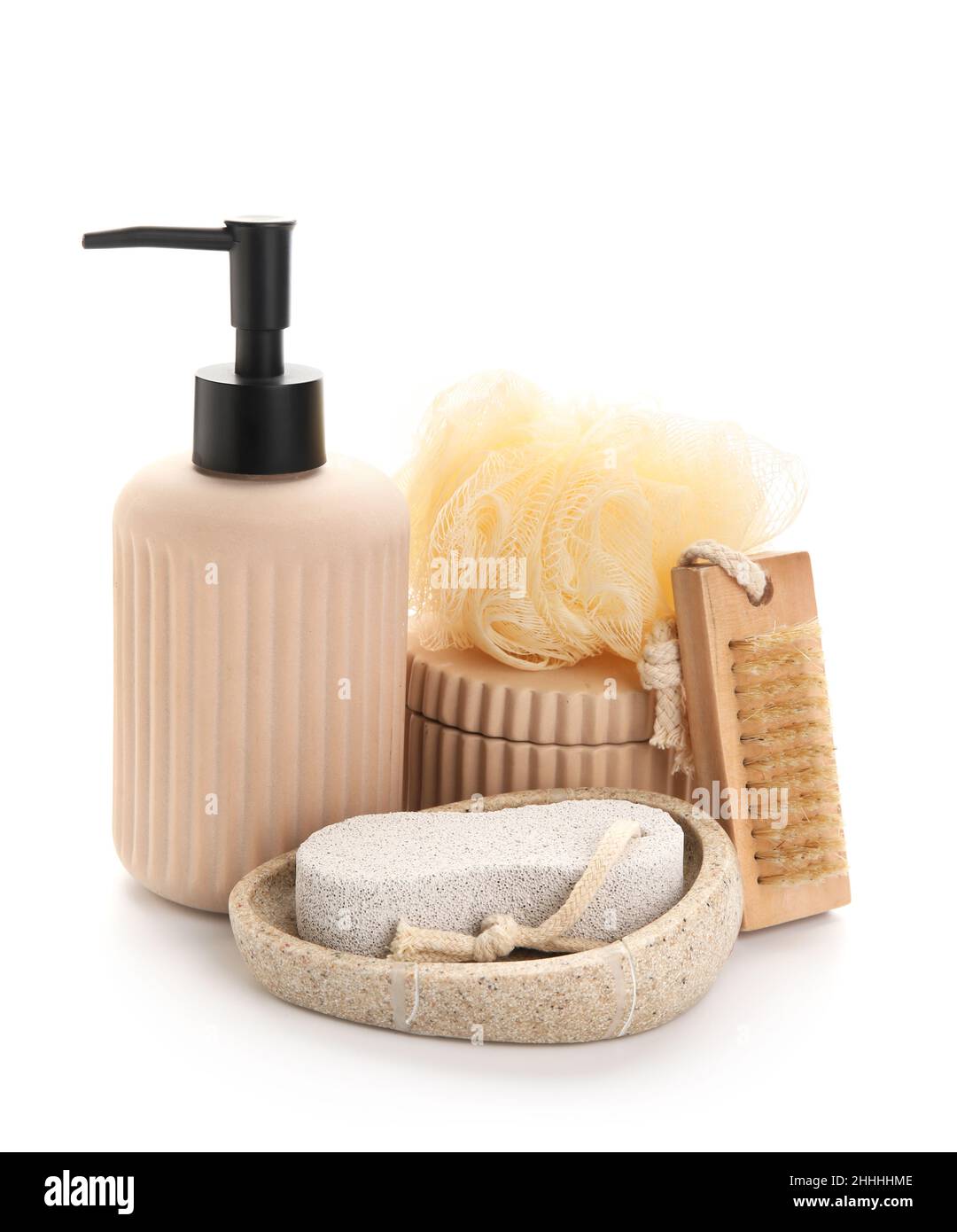 Set of bath supplies with pumice on white background Stock Photo - Alamy