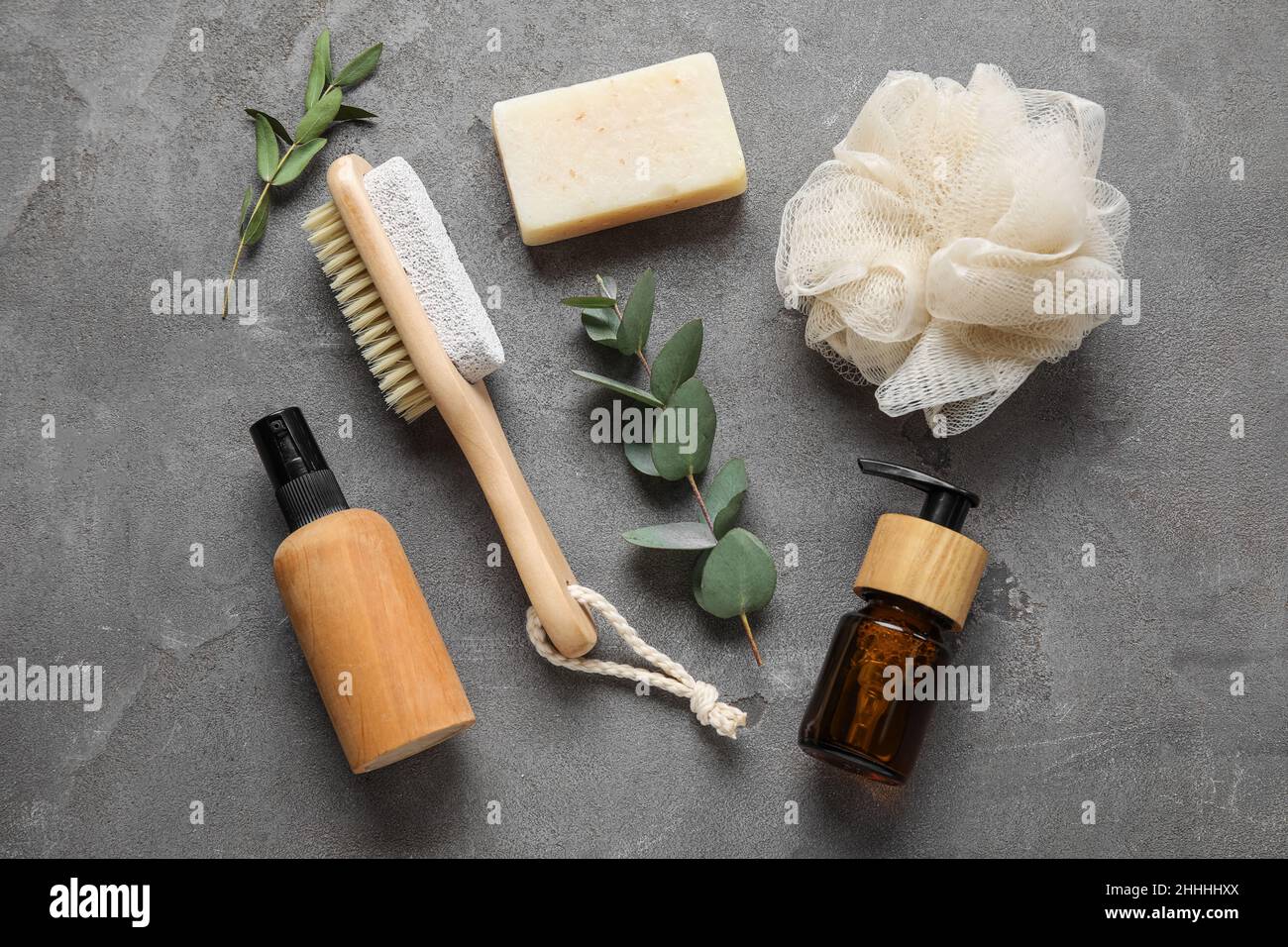 Composition with bath accessories, cosmetics and eucalyptus branches on ...