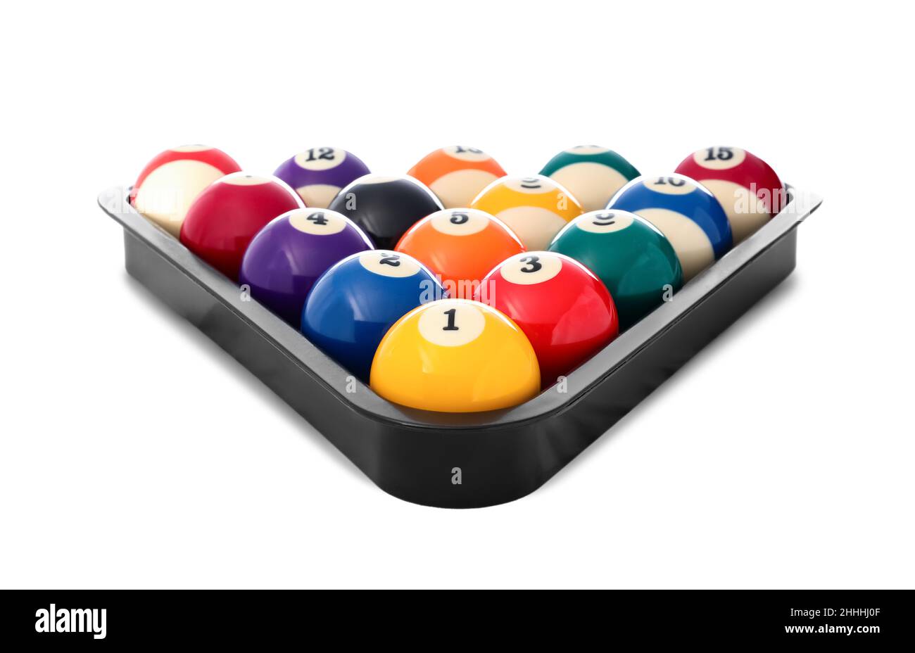 Rack with billiard balls on white background Stock Photo - Alamy