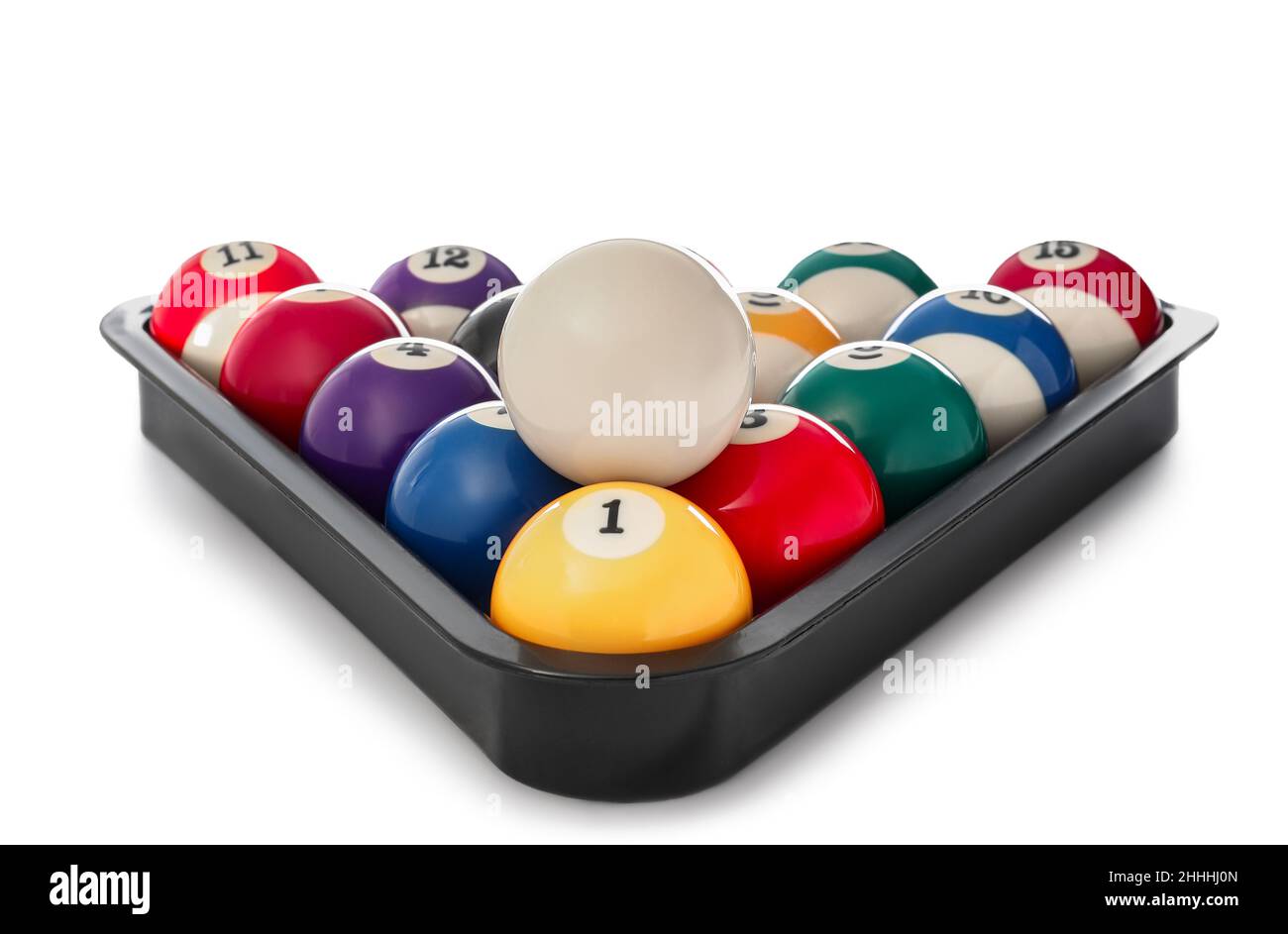 Rack with billiard balls on white background Stock Photo - Alamy