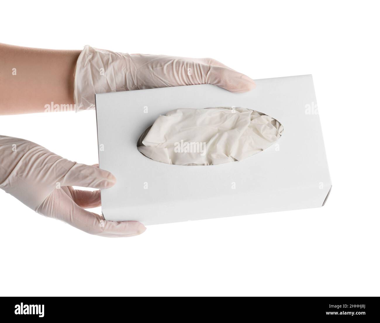 Female doctor holding box with medical gloves on white background Stock ...