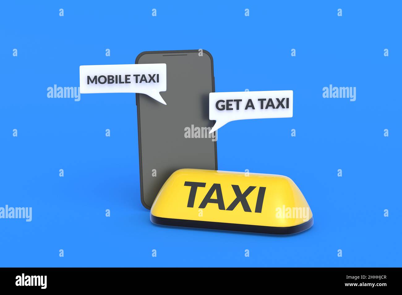 Yellow taxi sign near mobile phone with messages. Car call. Transport ...