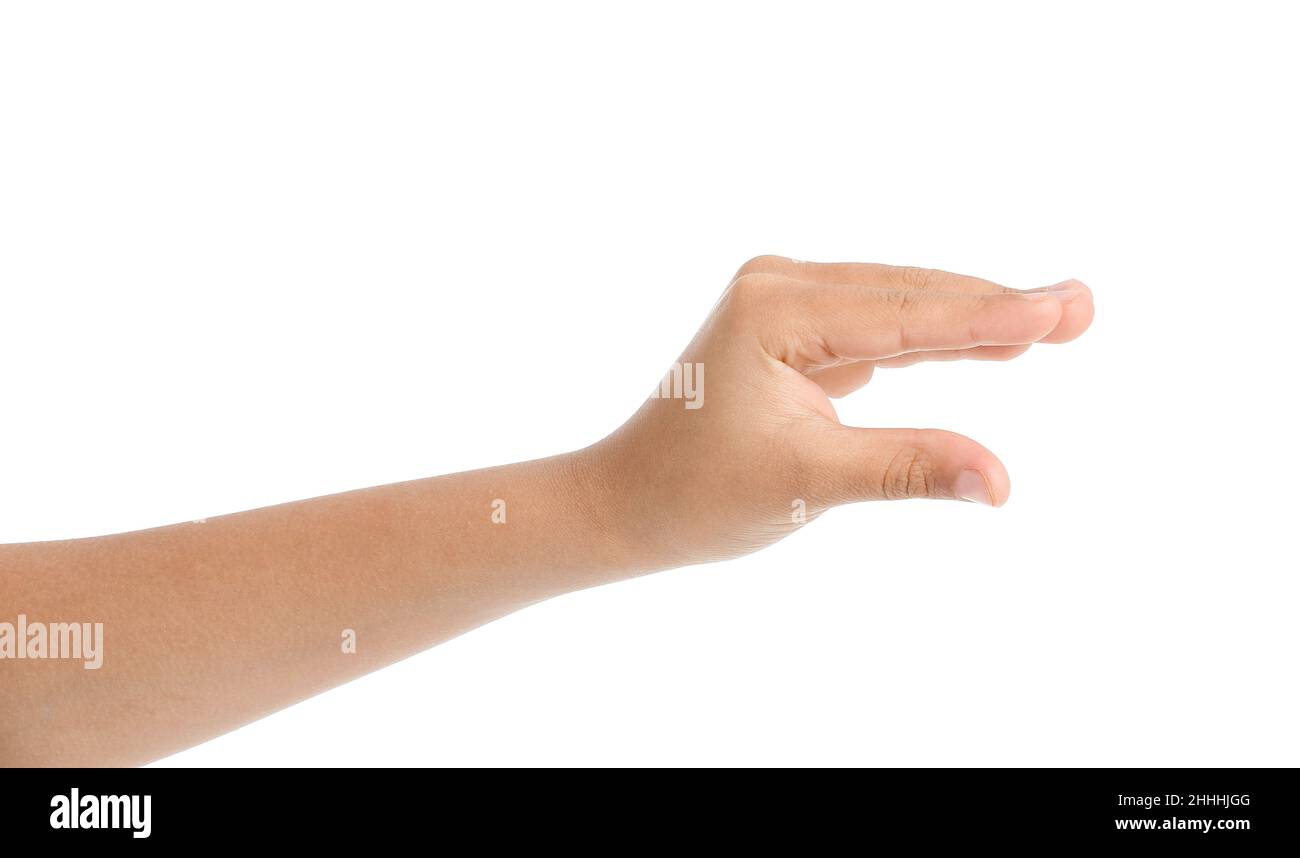 Child holding something on white background Stock Photo - Alamy