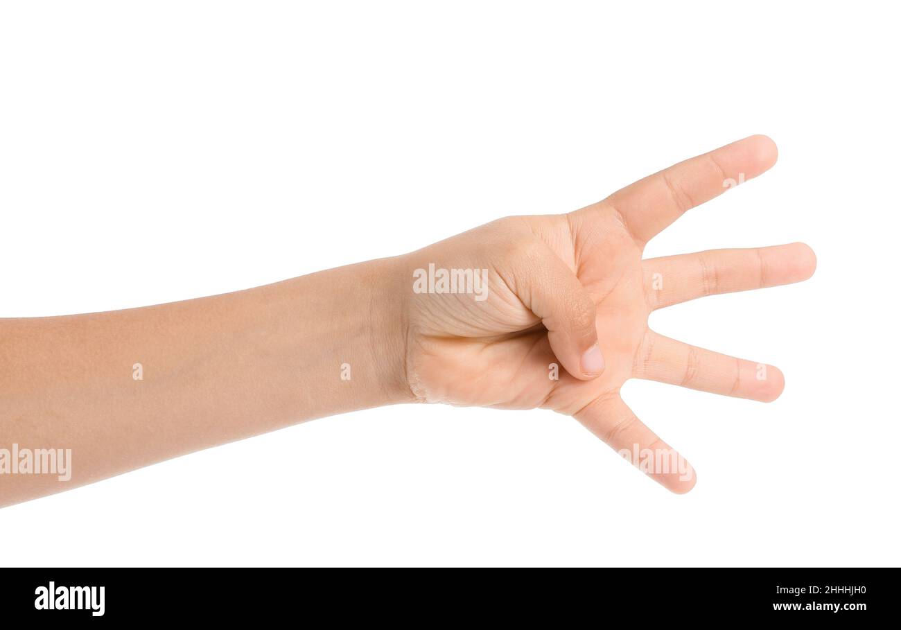 Child showing four fingers on white background Stock Photo - Alamy