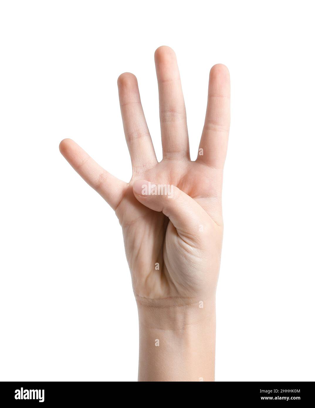 Child showing four fingers on white background Stock Photo - Alamy
