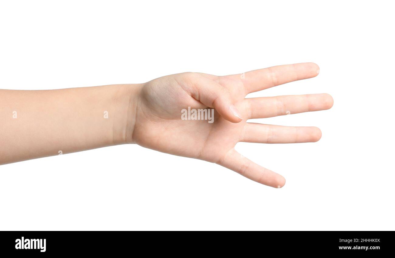 Child showing four fingers on white background Stock Photo - Alamy