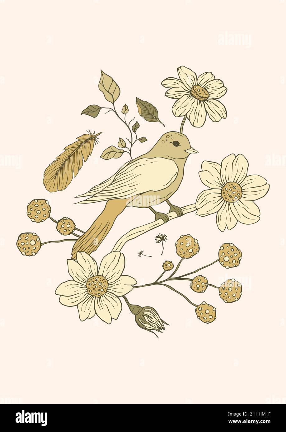 Vintage bird and daisy flowers printable poster Stock Vector Image ...