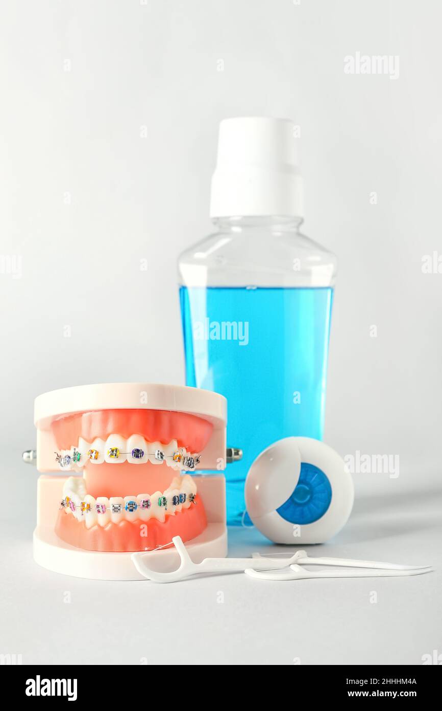Model of jaw with braces, toothpicks, floss and mouthwash on white ...
