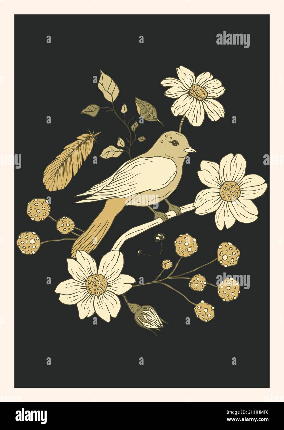 Vintage bird and daisy flowers printable poster. Vector illustration ...
