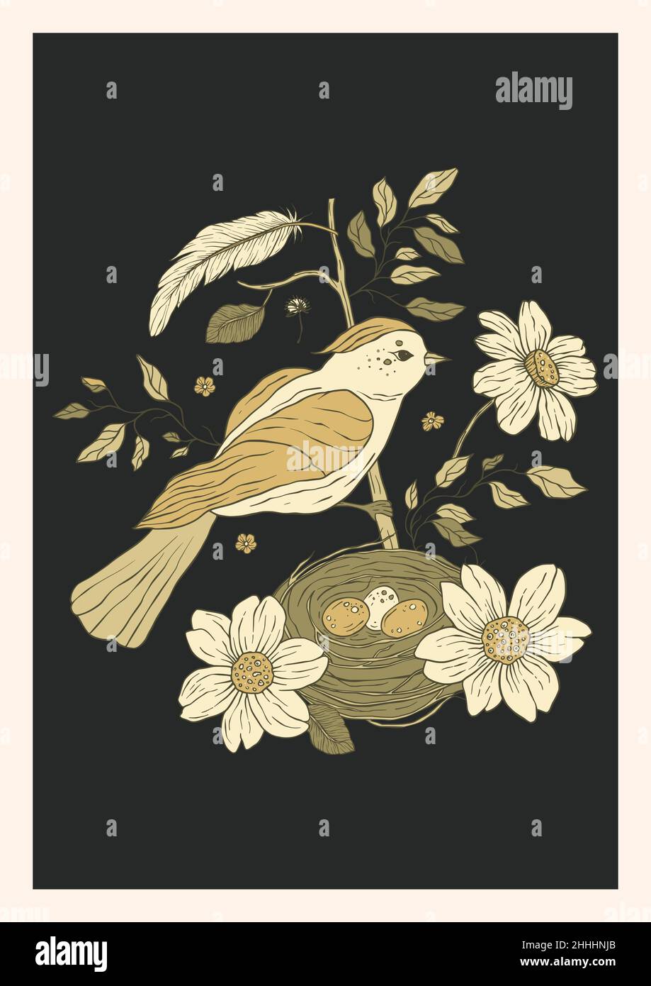 Vintage bird nest and daisy flowers printable poster. Vector ...