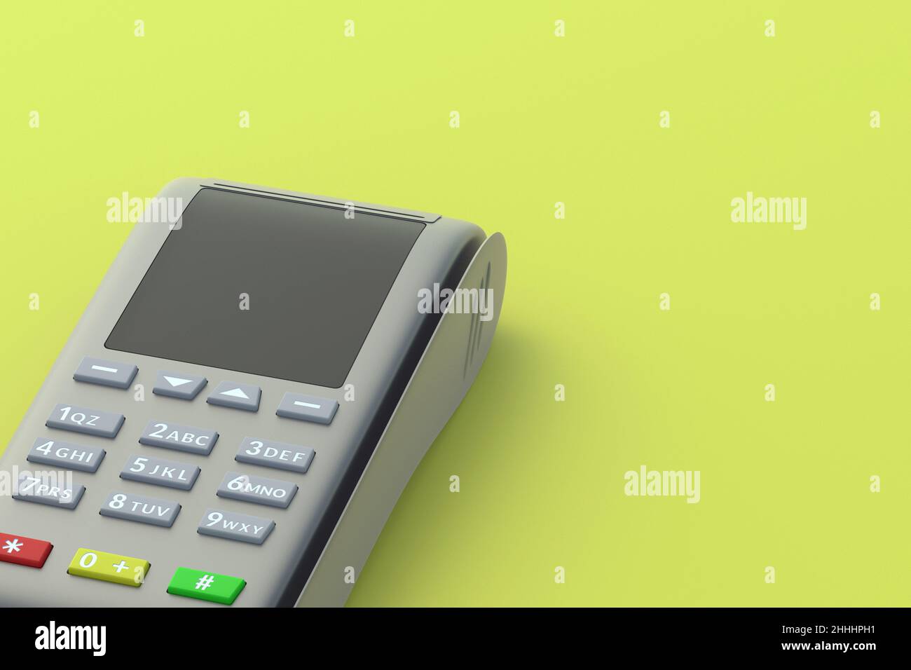 Portable cash register on yellow background. Copy space. 3d render ...