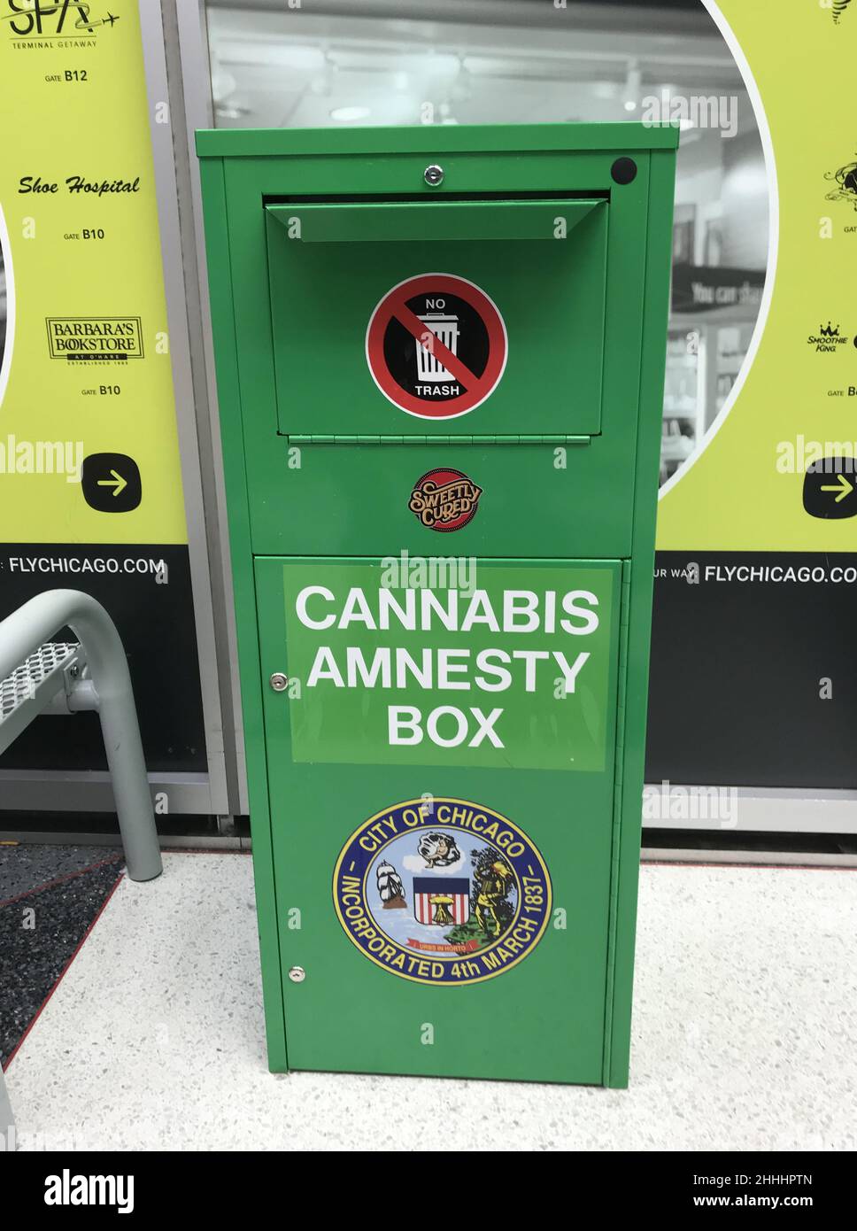 A green Cannabis Amnesty Box from the City of Chicago is visible in an ...