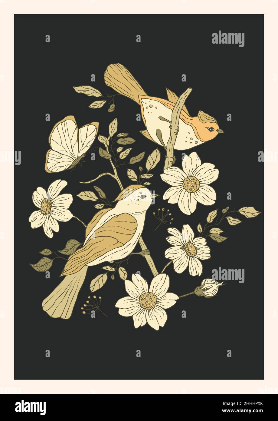Vintage bird and daisy flowers printable poster. Vector illustration ...