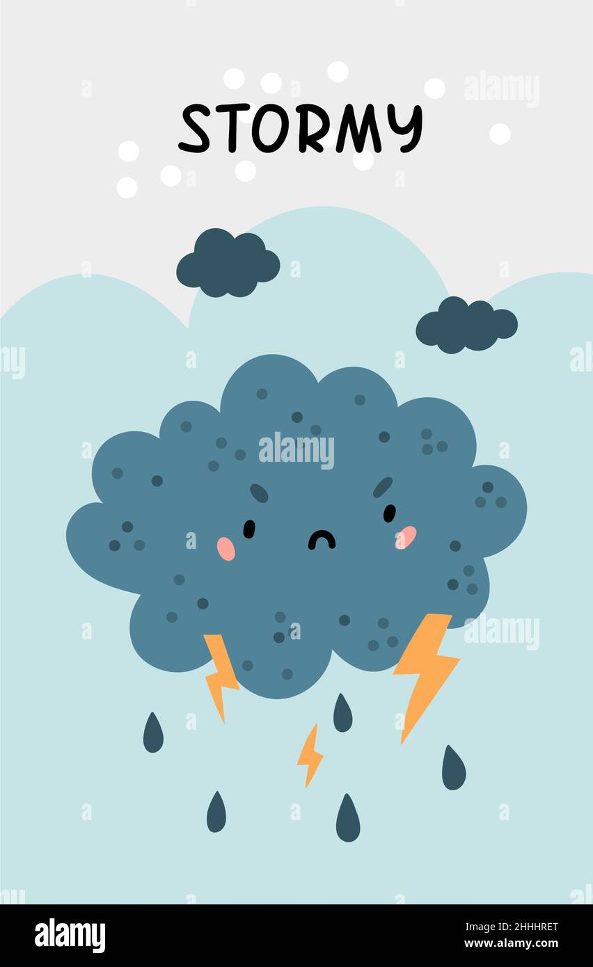Stormy weather. Angry cloud character with lightning in cute doodle ...