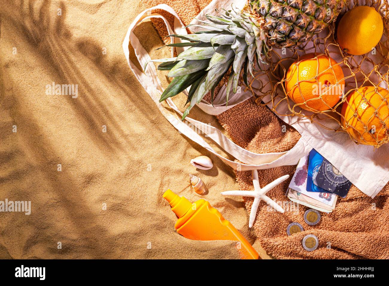 Concept of sandy beach holiday, top view, banner. Sand background with ...