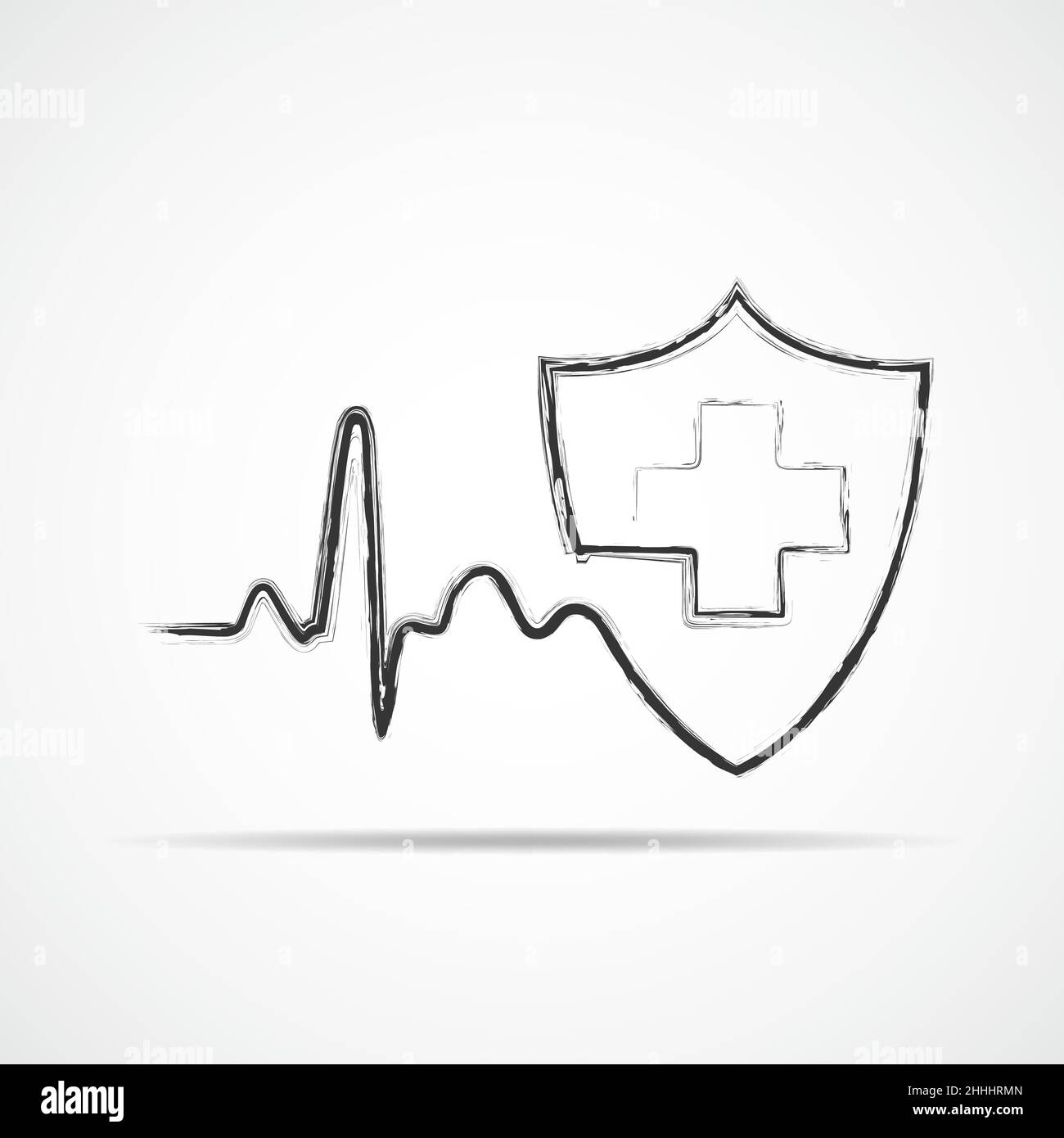 Hand-drawn shield icon with heartbeat sign and medical cross. Vector ...