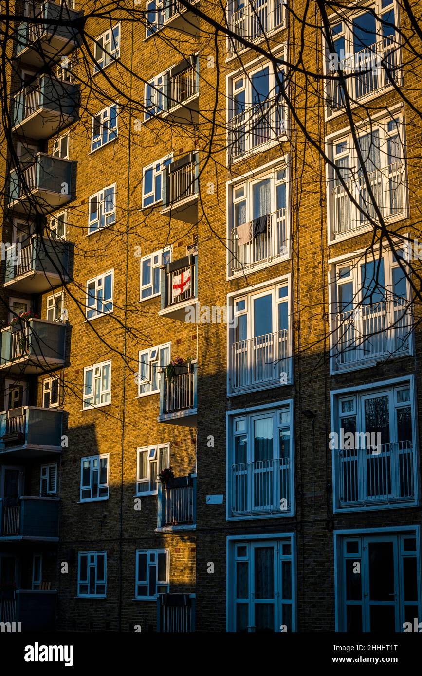 English flag on a balcony of Council Estate housing block, Southwark ...