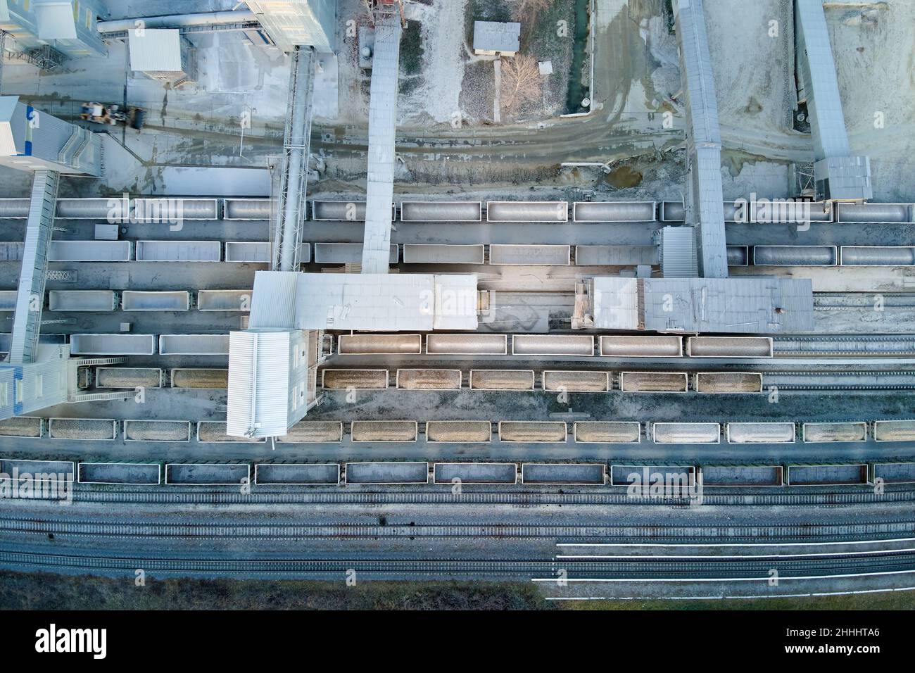 Aerial view of cargo train loaded with crushed stone materials at ...