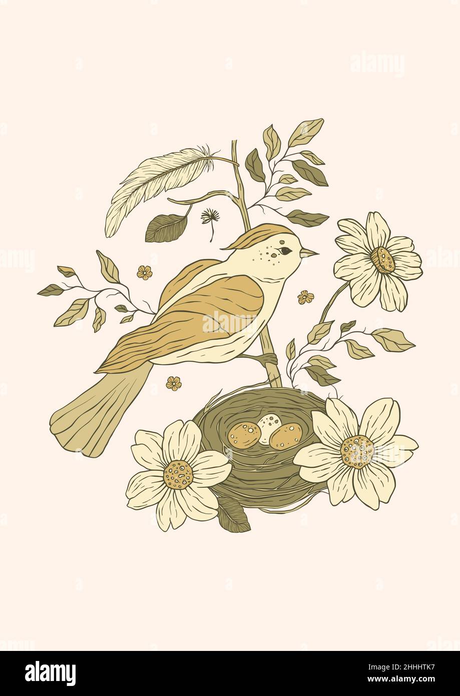 Vintage bird nest and daisy flowers printable poster Stock Vector Image ...