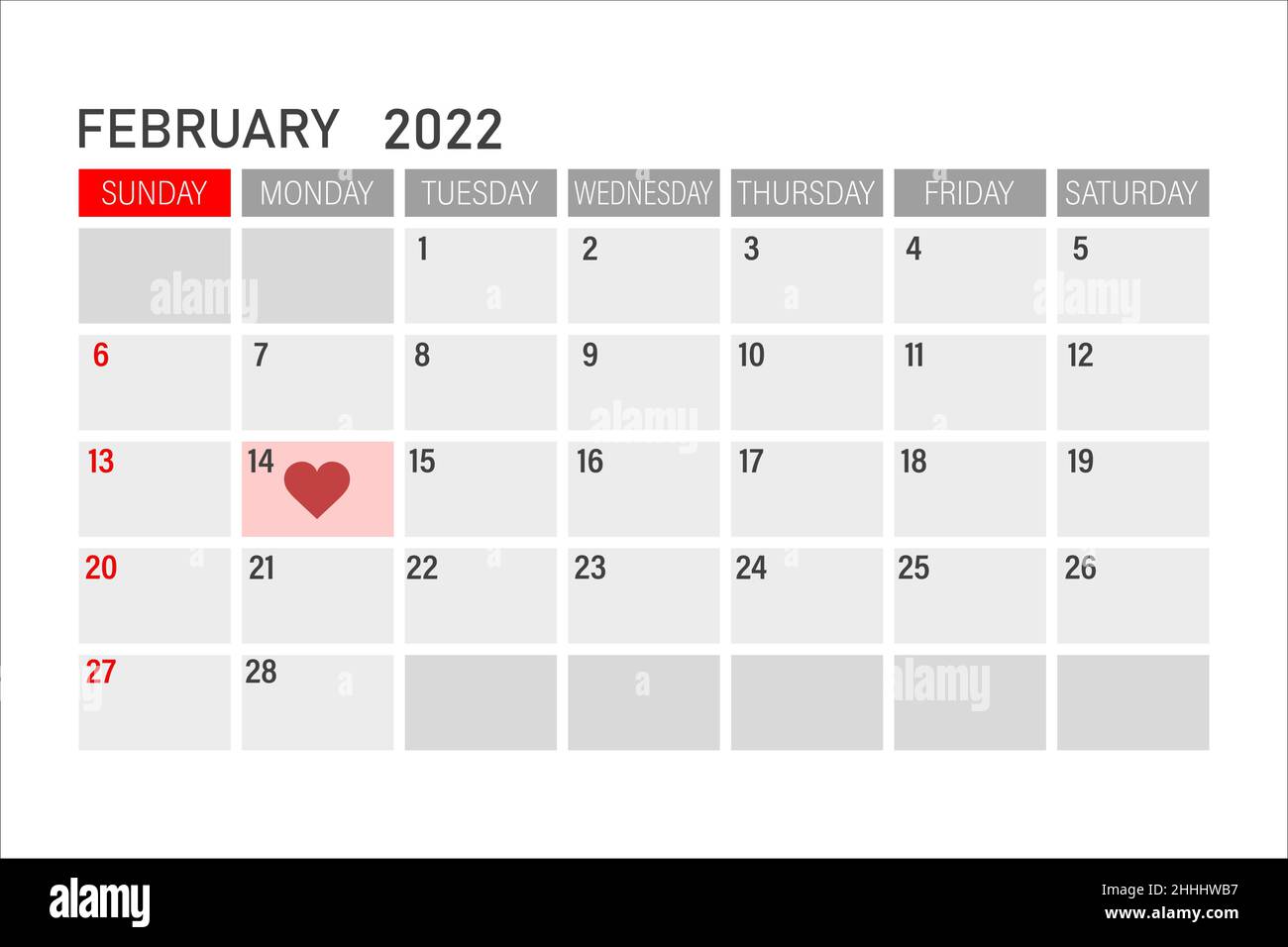 Calendar with red mark on 14 February. Red hearts decoration ...
