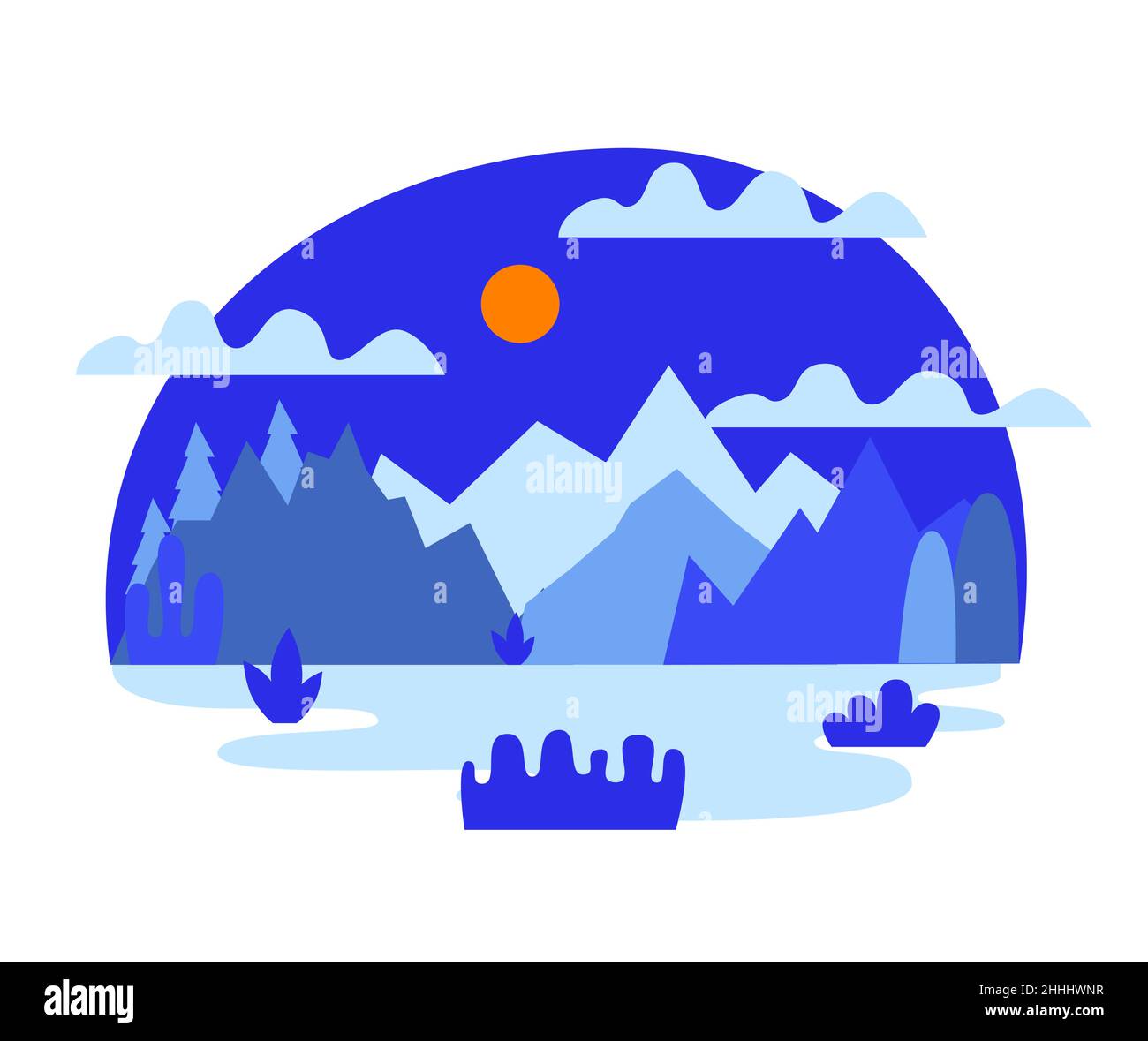 Vector flat illustration of hills and snowy mountains night landscape ...