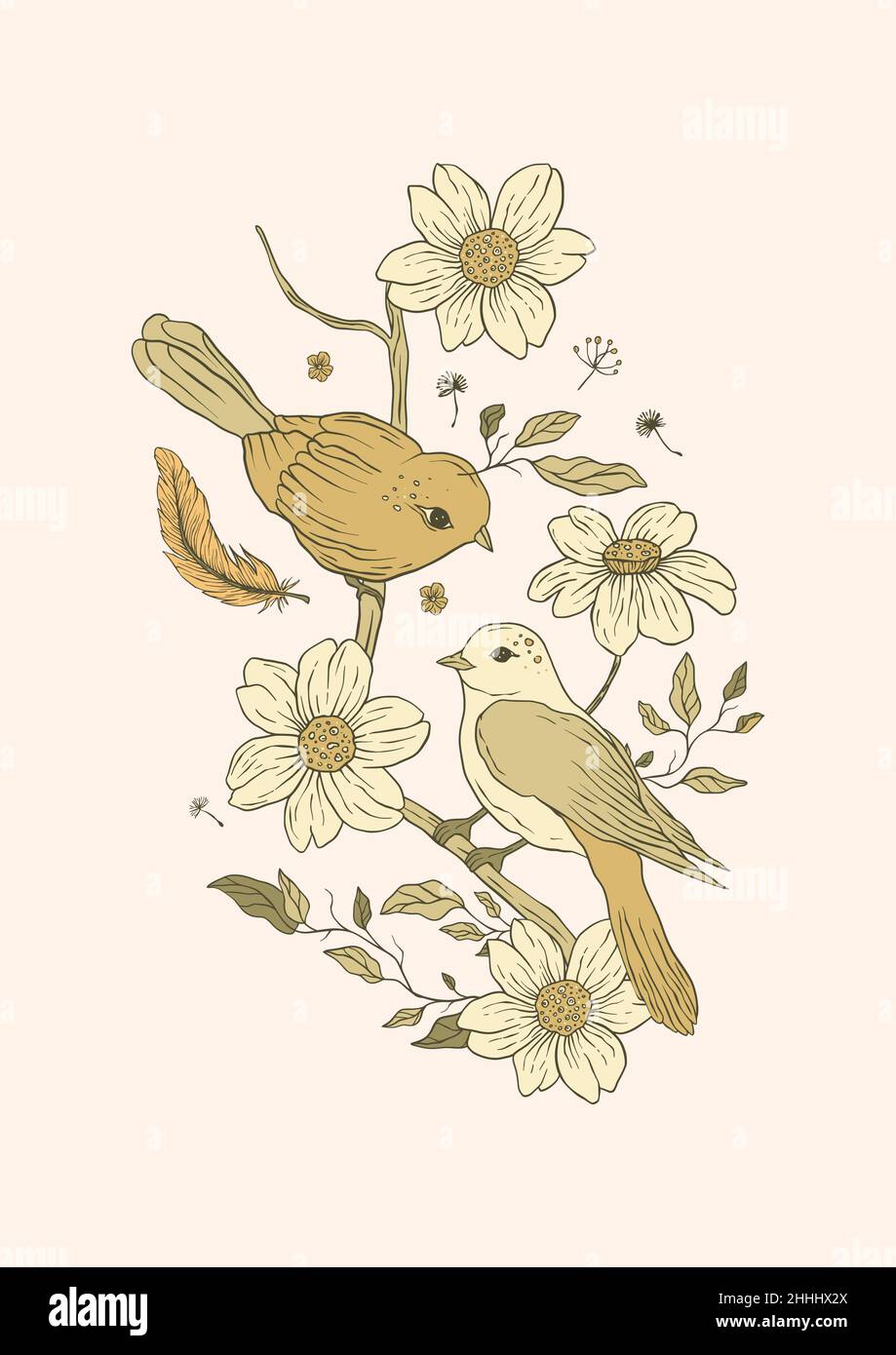 Vintage bird couple and daisy flowers printable poster Stock Vector ...