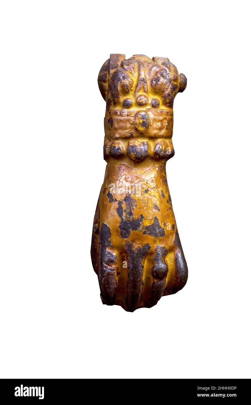 Original brass knocker in the shape of a hand, knocker isolated on ...