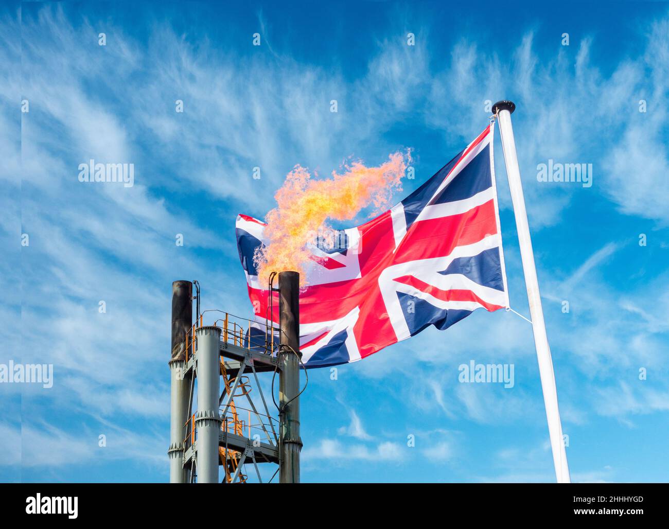 Industrial gas flare stack/chimney and Union Jack flag. Rising energy ...