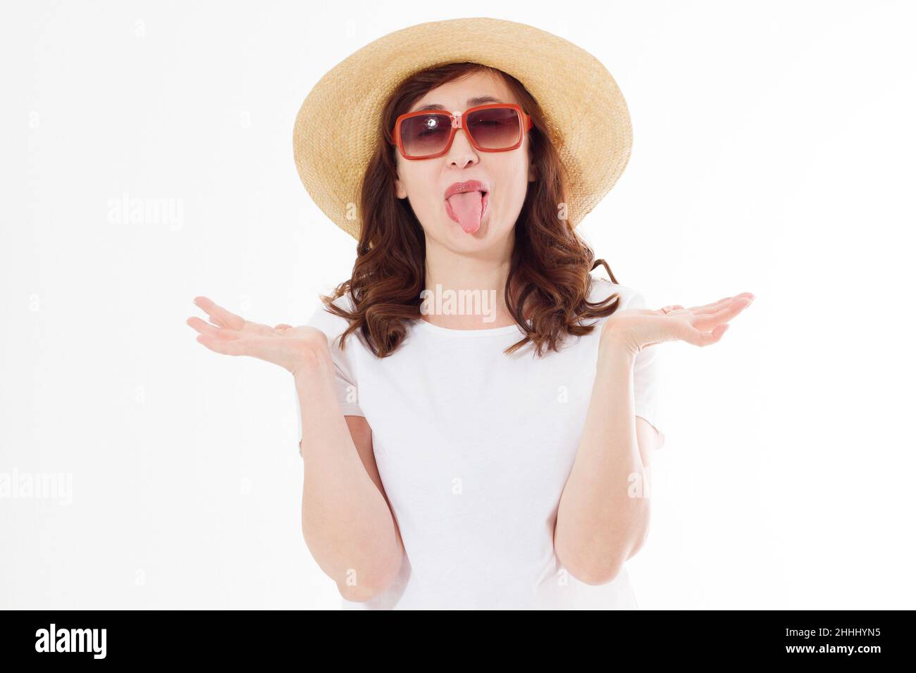 Happy surprised and excited woman in summer hat, sunglasses and ...