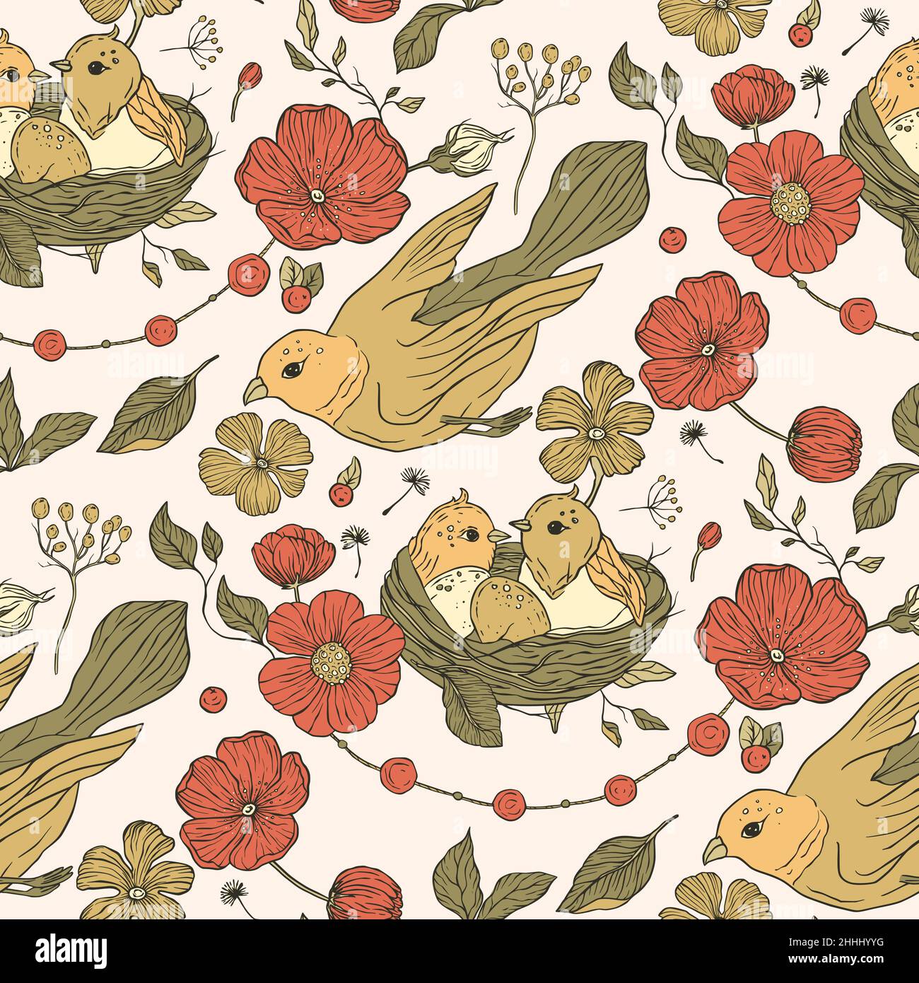 Vintage aesthetic bird nest boho floral seamless pattern with rose ...