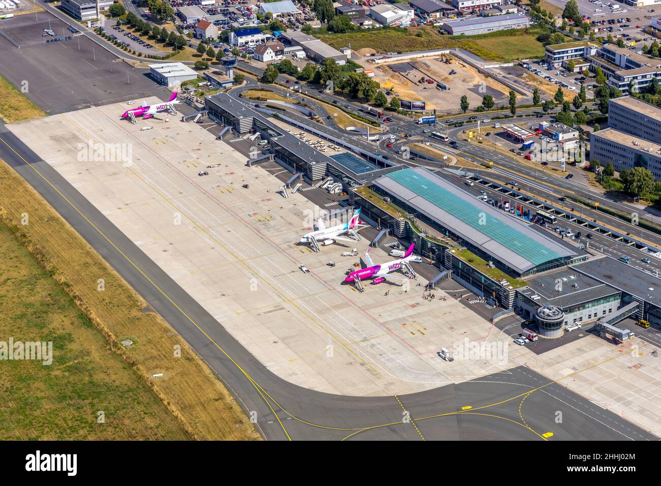 Aerial view, Dortmund Airport with reception building and terminal building, Eurowings and Wizz ...