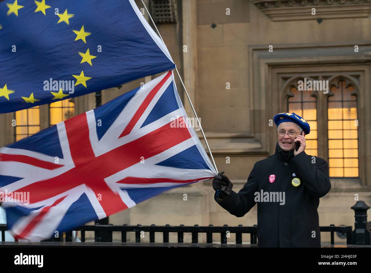 Pro Europe protester waving flag outside Westminsteer Stock Photo - Alamy